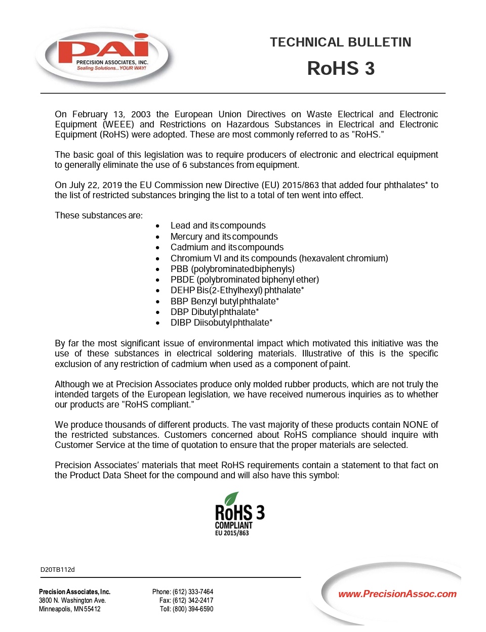 RoHS Bulletin On Precision Associates, Inc.
